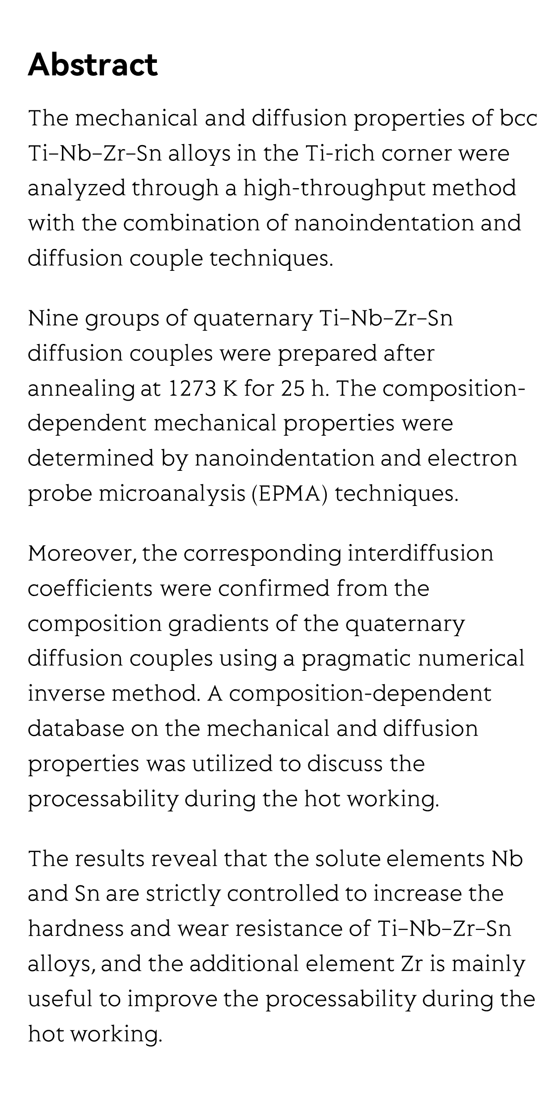 Hot Paper - Investigation of mechanical and diffusion properties in bcc Ti−Nb−Zr−Sn alloys via a ...